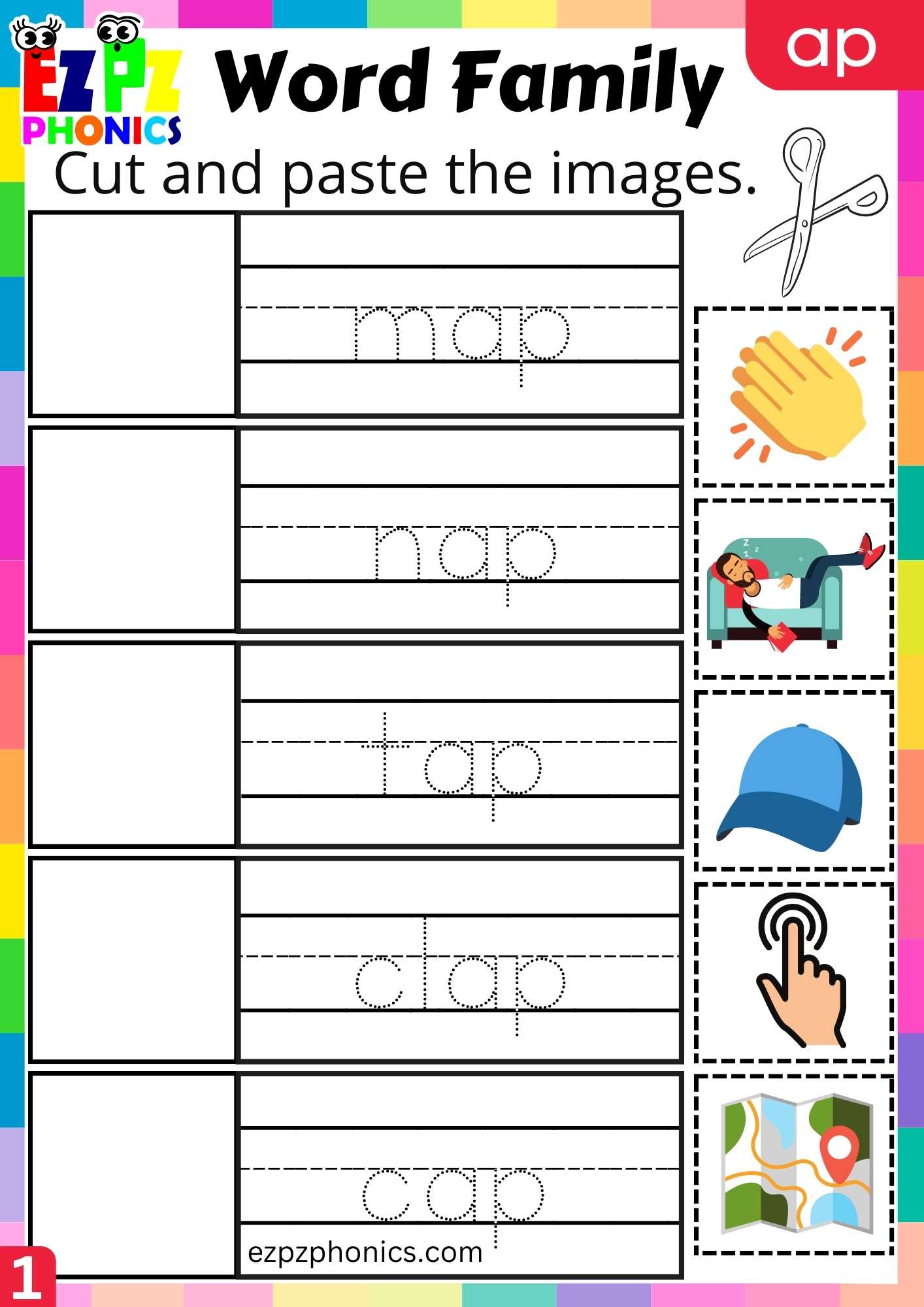AP Words Cut And Paste The Images Phonics Word Families Worksheet - ezpzphonics.com